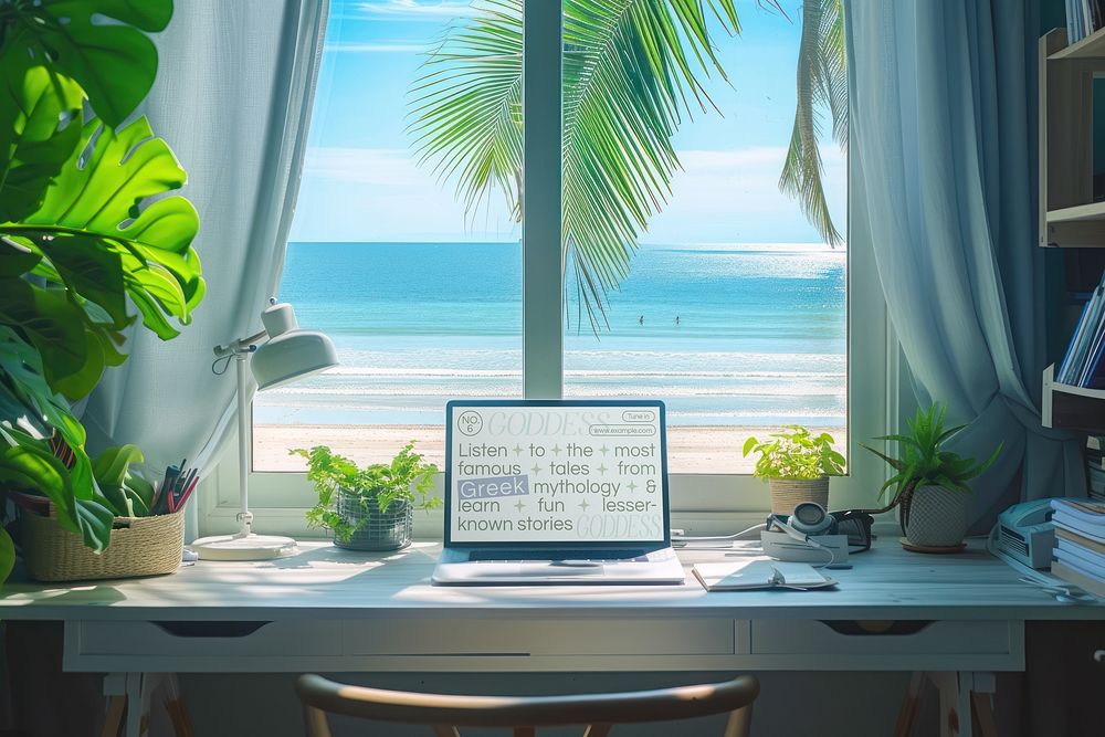 Tropical workspace laptop screen mockup | Premium PSD Mockup - rawpixel