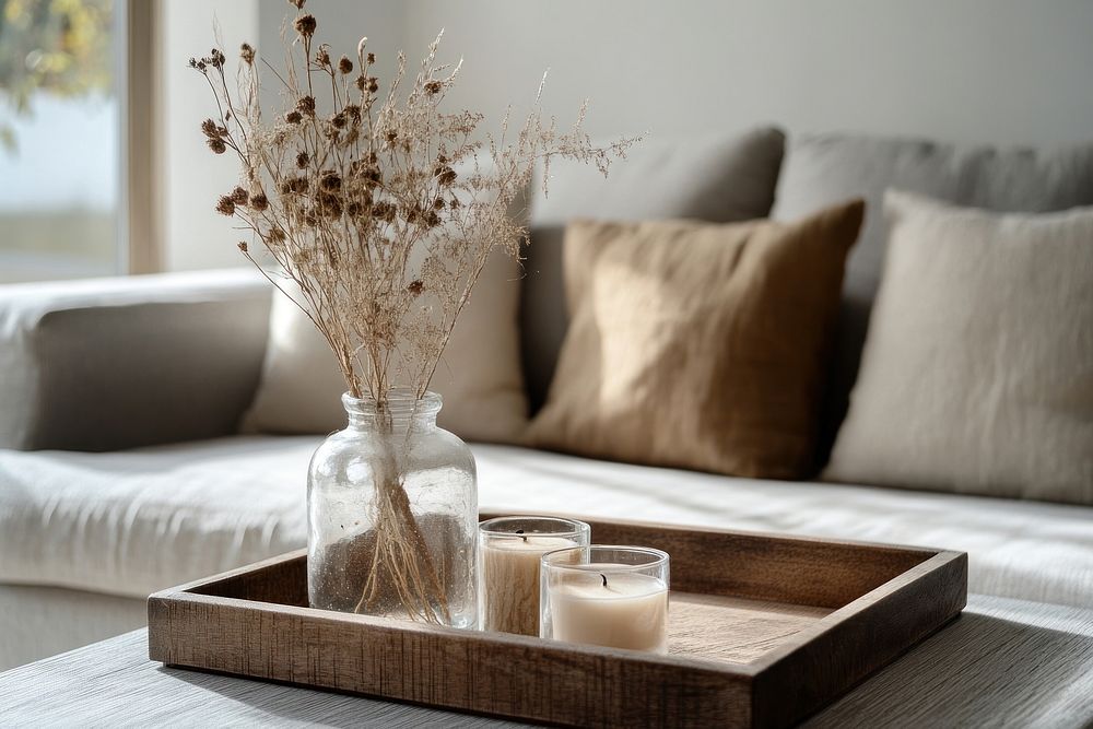 wooden tray coffee table candles | Premium Photo - rawpixel