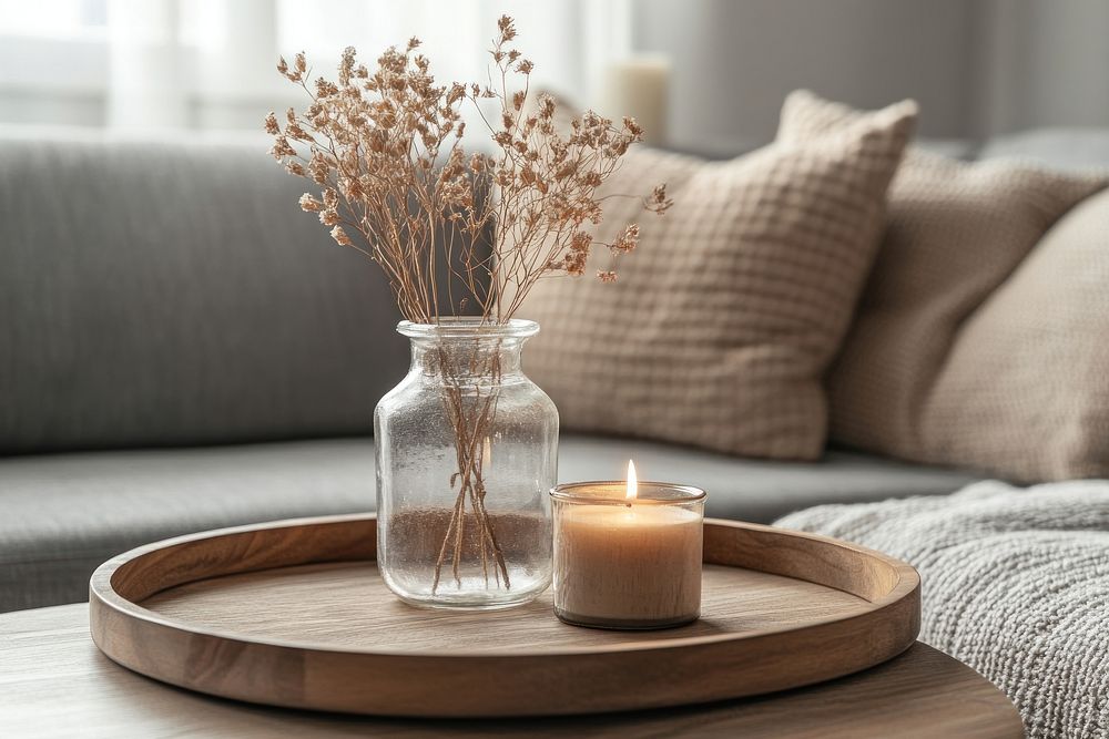 wooden tray coffee table candle | Free Photo - rawpixel