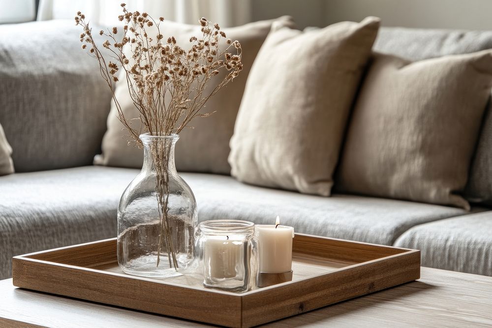 wooden tray coffee table candles | Free Photo - rawpixel