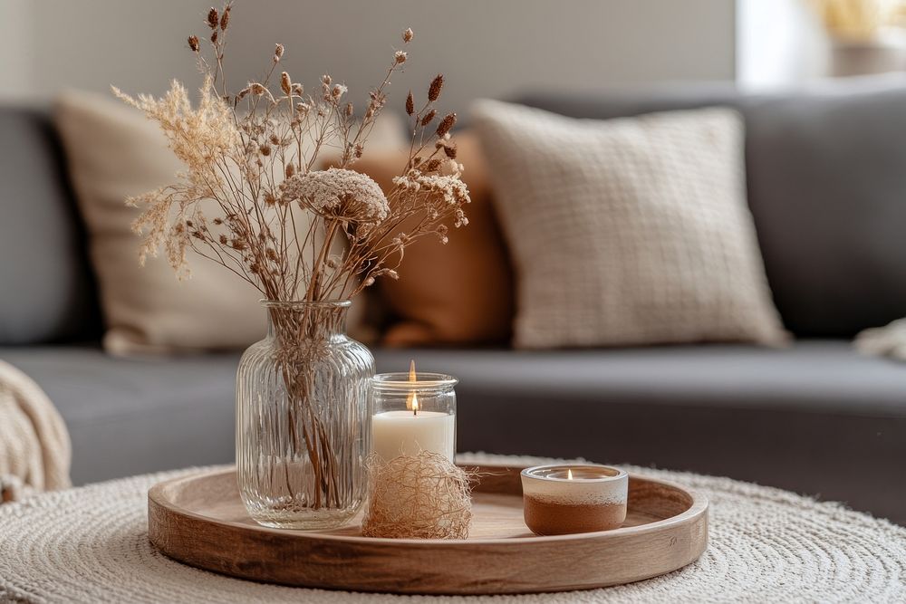 wooden tray coffee table pillows | Free Photo - rawpixel