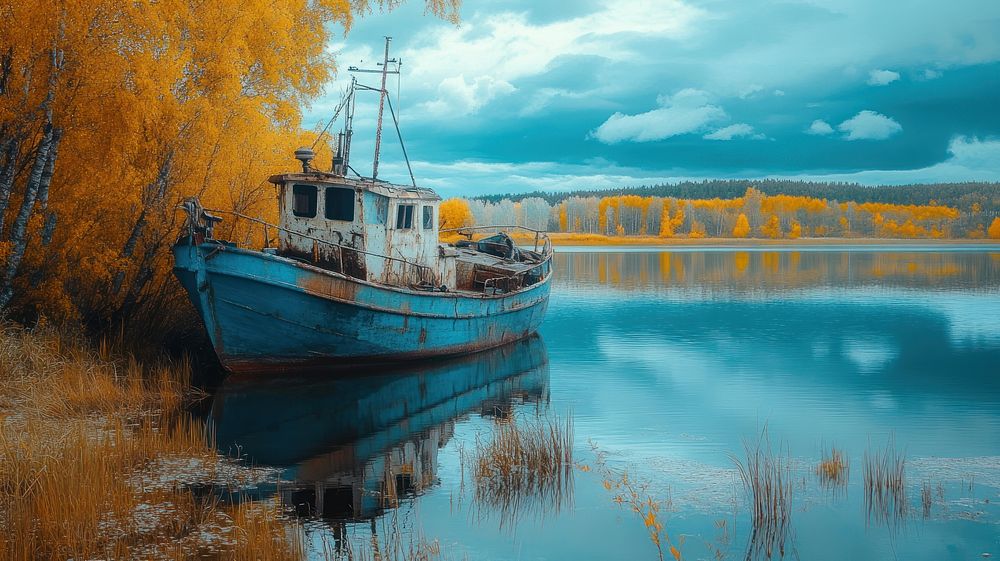 Beached old trawler lake landscape | Free Photo - rawpixel