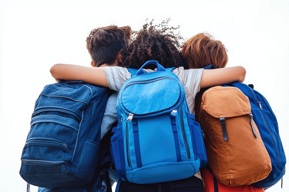 Students backpacks hugging bags daylight | Free Photo - rawpixel