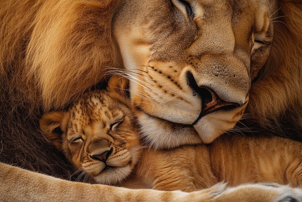 lion cuddles its cub wildlife | Free Photo - rawpixel
