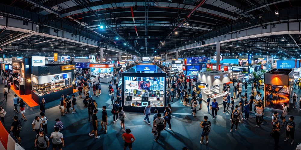 wide-angle view exhibition hall displays | Free Photo - rawpixel