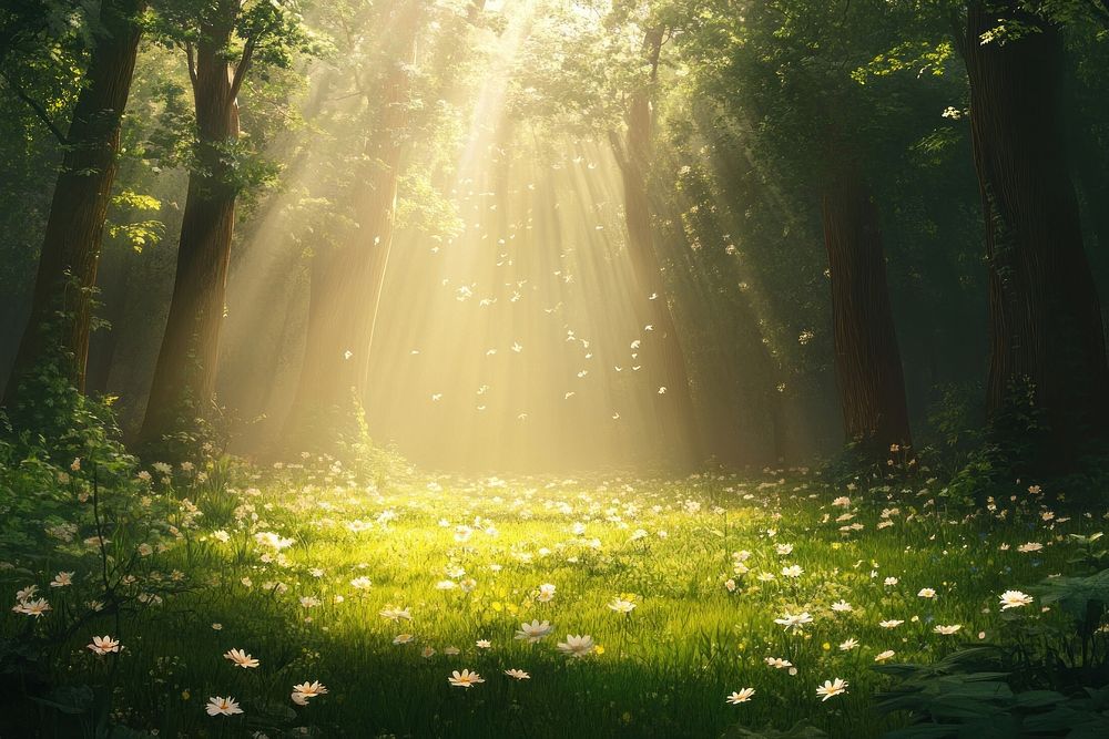 misty forest dawn sunlight flowers | Free Photo - rawpixel