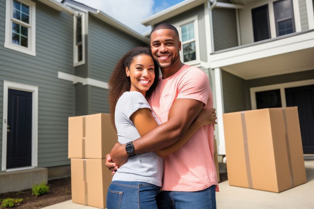 Couple hugging box cardboard portrait. | Free Photo - rawpixel