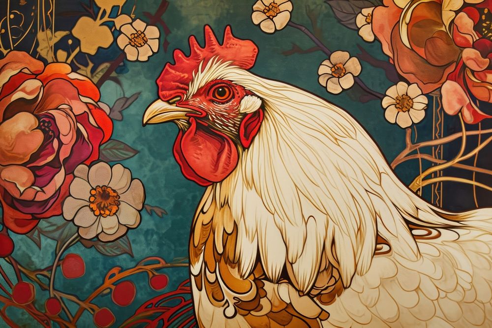 Chicken and flowers chicken art | Free Photo Illustration - rawpixel