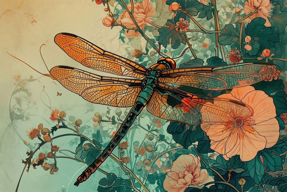 Dragonfly and flowers dragonfly art | Premium Photo Illustration - rawpixel