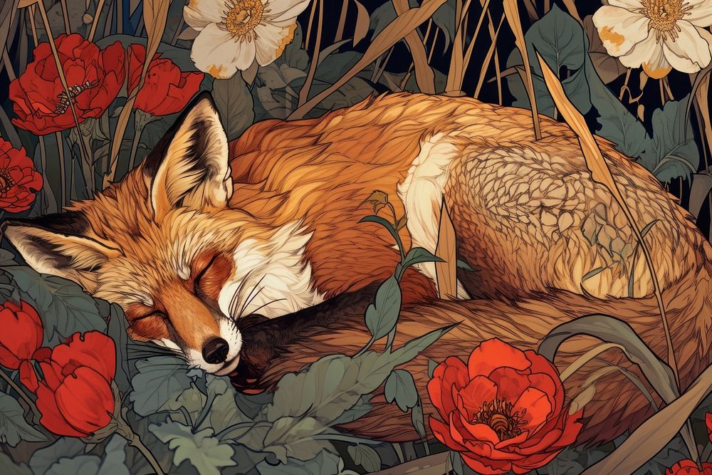 Fox and flowers fox wildlife | Premium Photo Illustration - rawpixel