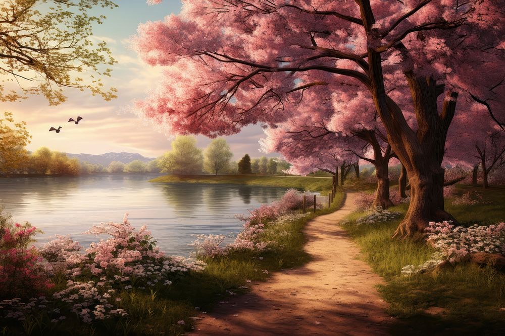 Spring lake landscape outdoors blossom | Free Photo - rawpixel