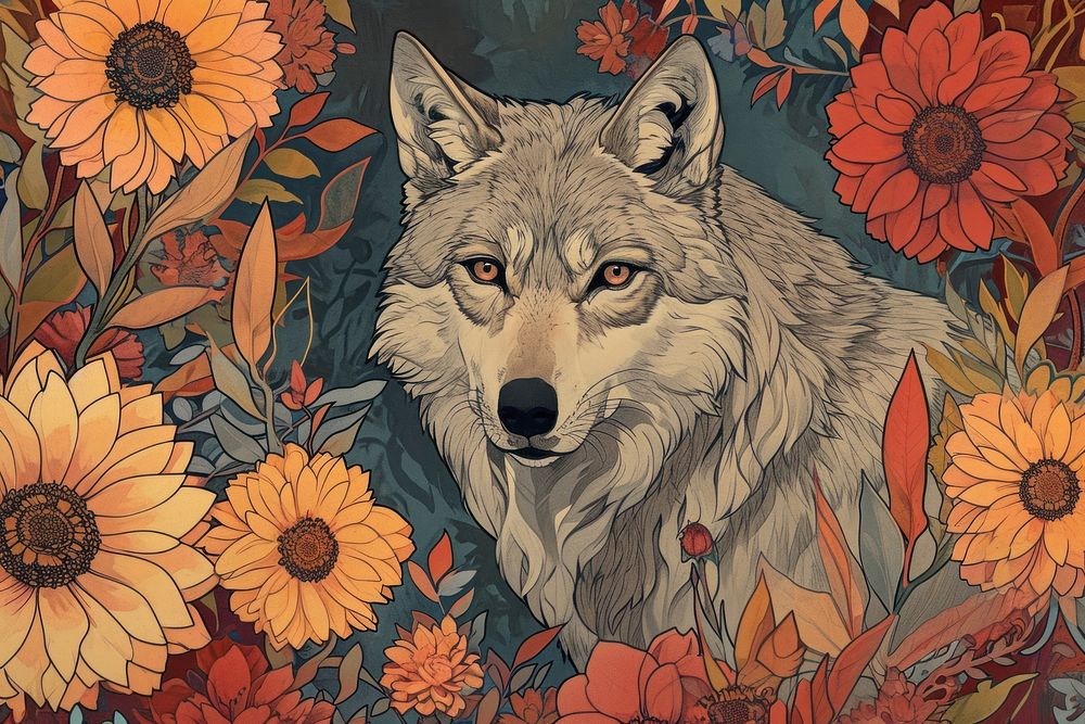 Wolf and flowers wolf art | Free Photo Illustration - rawpixel
