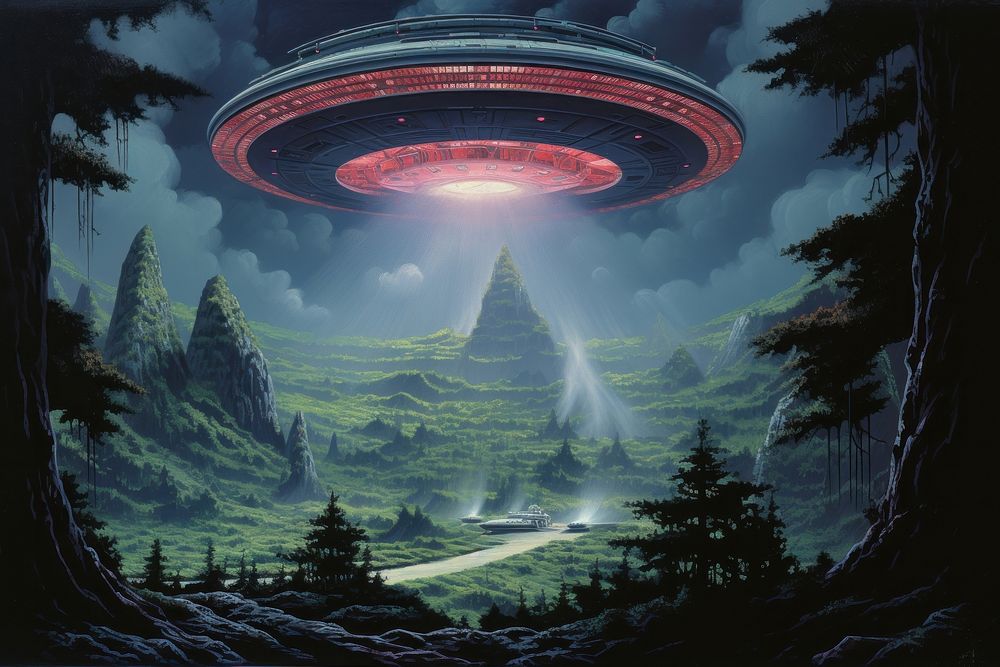 Alien spacecraft forest nature night. | Premium Photo Illustration ...