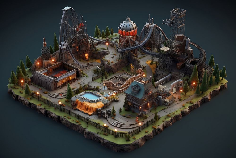 Horror theme park architecture illuminated | Premium Photo Illustration ...