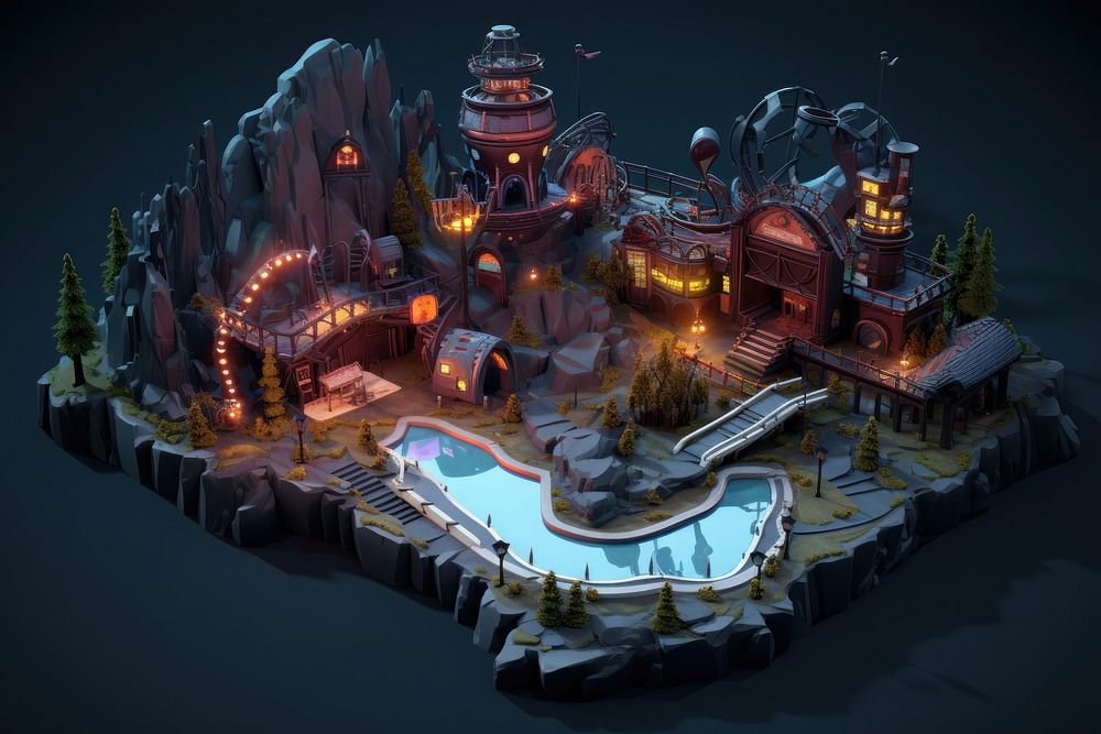 Horror theme park architecture illuminated | Premium Photo Illustration ...