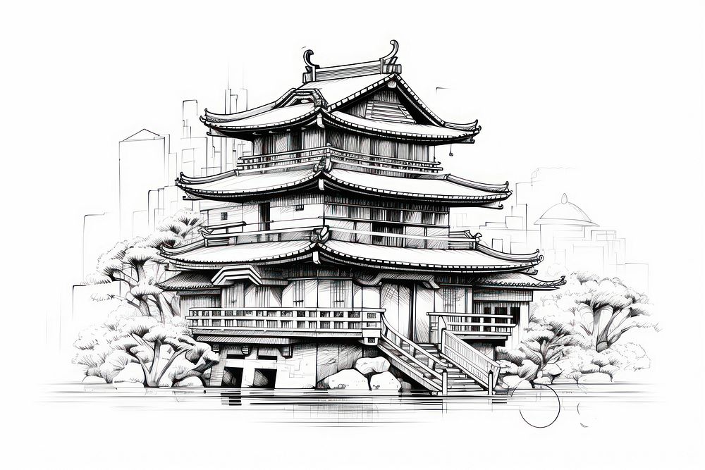 Japanese building drawing sketch art. | Free Photo Illustration - rawpixel