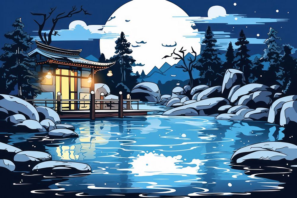 Japanese onsen night architecture building | Free Photo Illustration ...