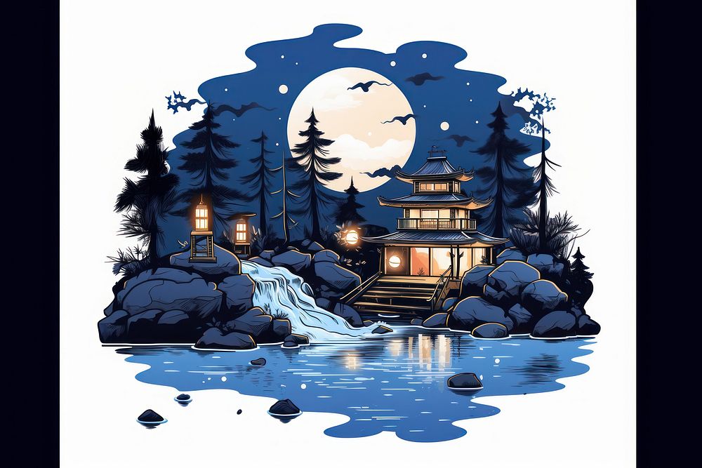 Japanese onsen night architecture building | Free Photo Illustration ...