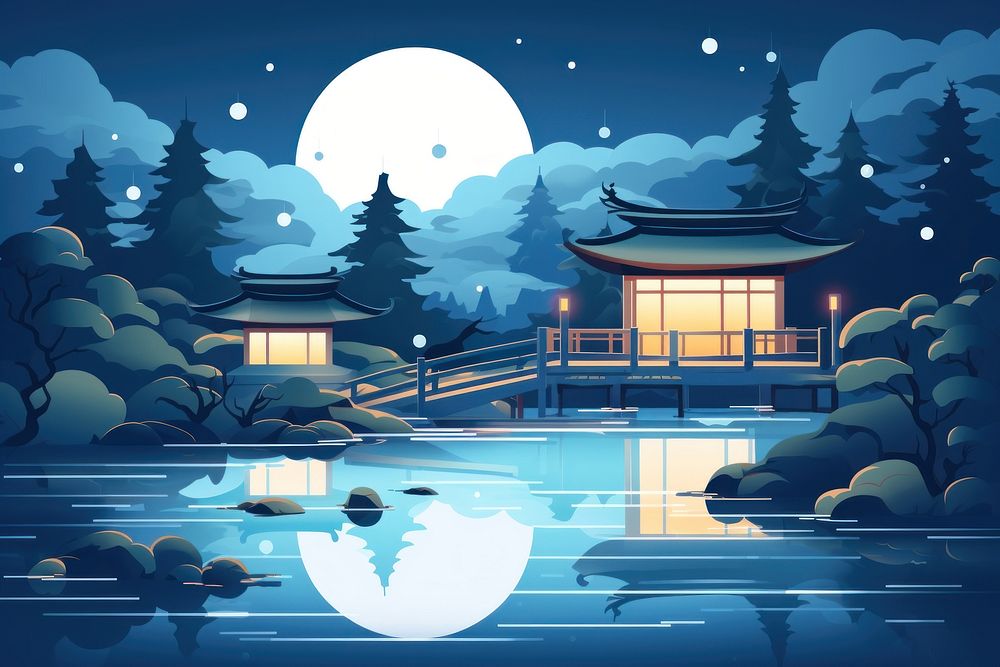 Japanese onsen night architecture building | Free Photo Illustration ...