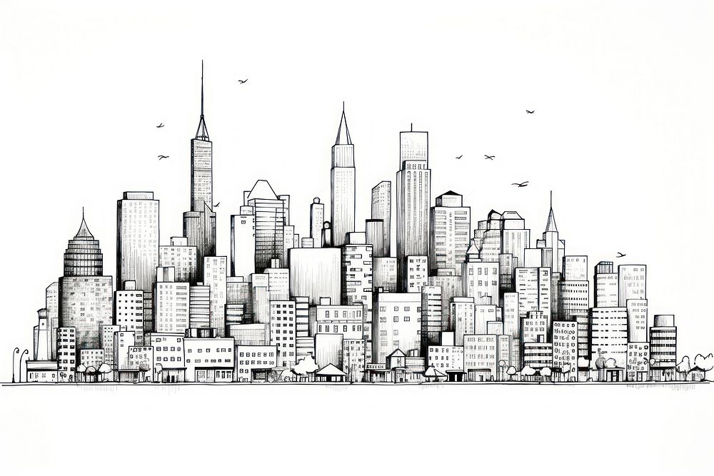 Lively building skyline drawing sketch | Free Photo Illustration - rawpixel