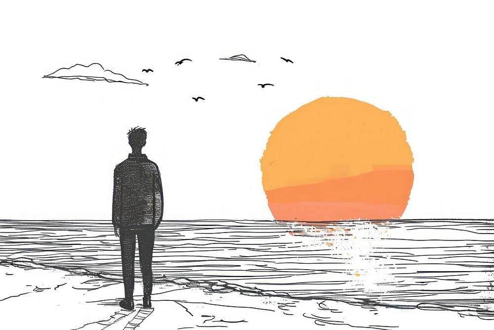 Sunset an ocean drawing standing | Free Photo Illustration - rawpixel