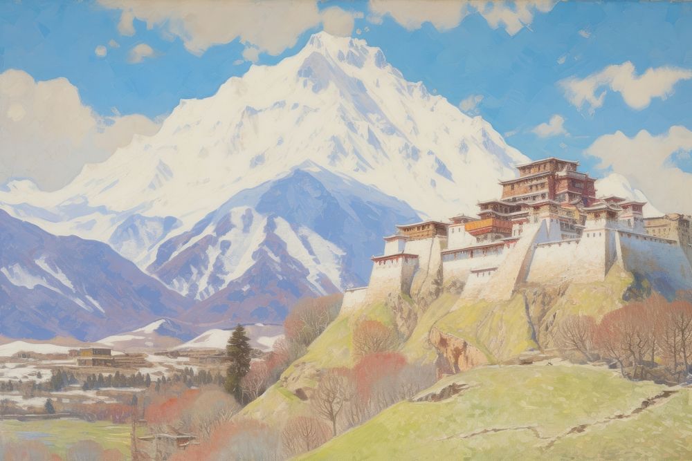 Architecture mountain building painting | Free Photo Illustration ...