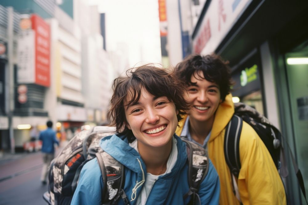 Happy Backpackers tokyo laughing backpack | Free Photo - rawpixel