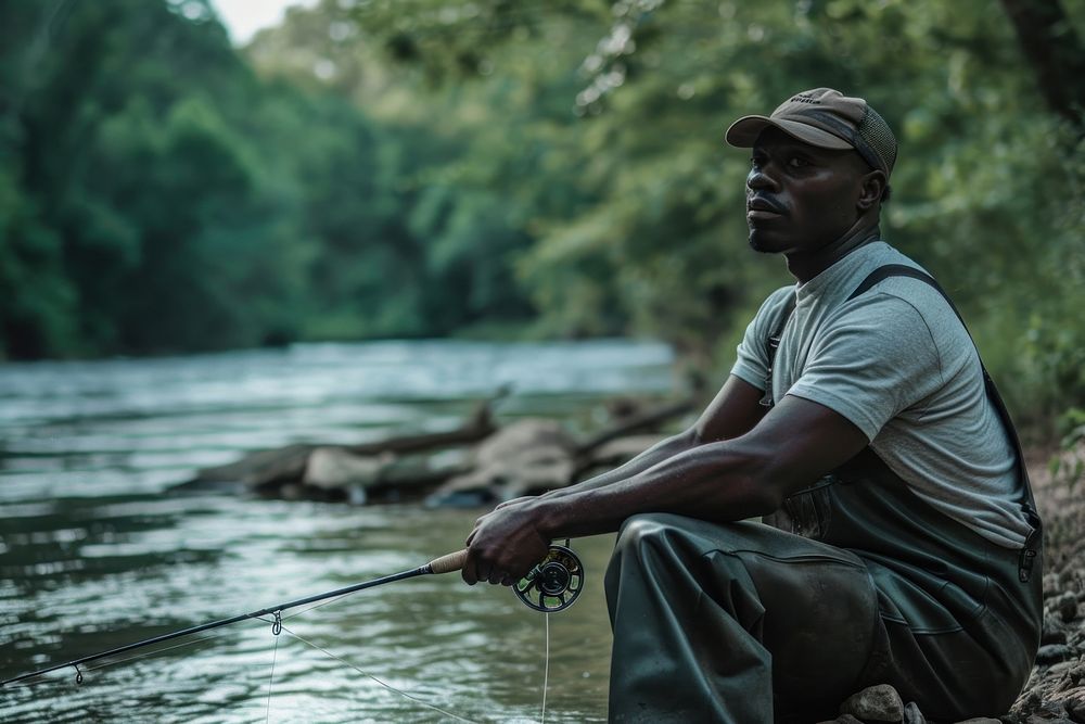 African American fishing outdoors sitting. | Premium Photo - rawpixel