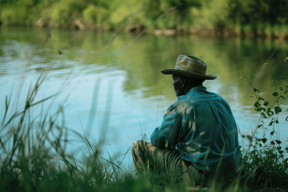 African American fishing outdoors sitting. | Free Photo - rawpixel