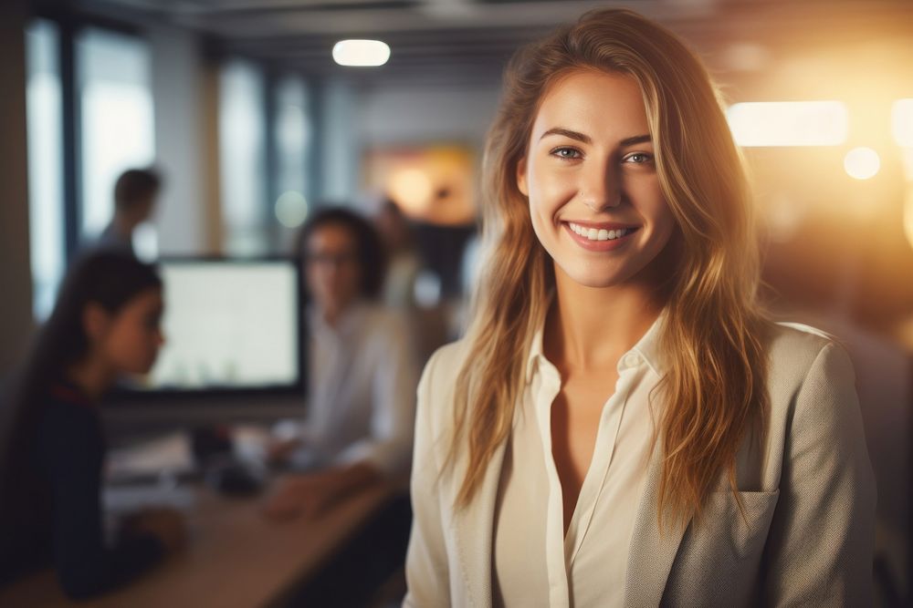 woman smiling front computer smile | Free Photo - rawpixel