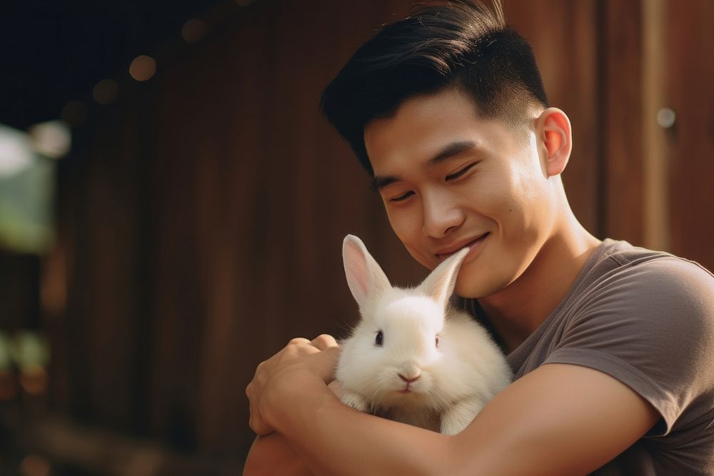 Man hugging rabbit portrait animal | Premium Photo - rawpixel