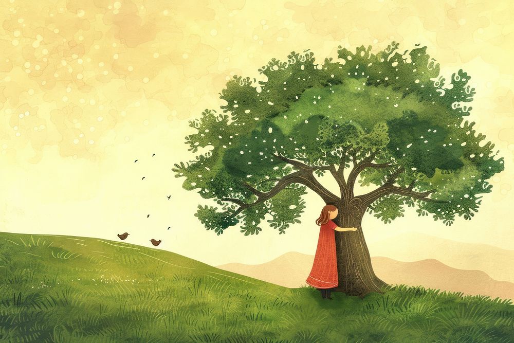 girl hugging oak tree grass | Free Photo Illustration - rawpixel