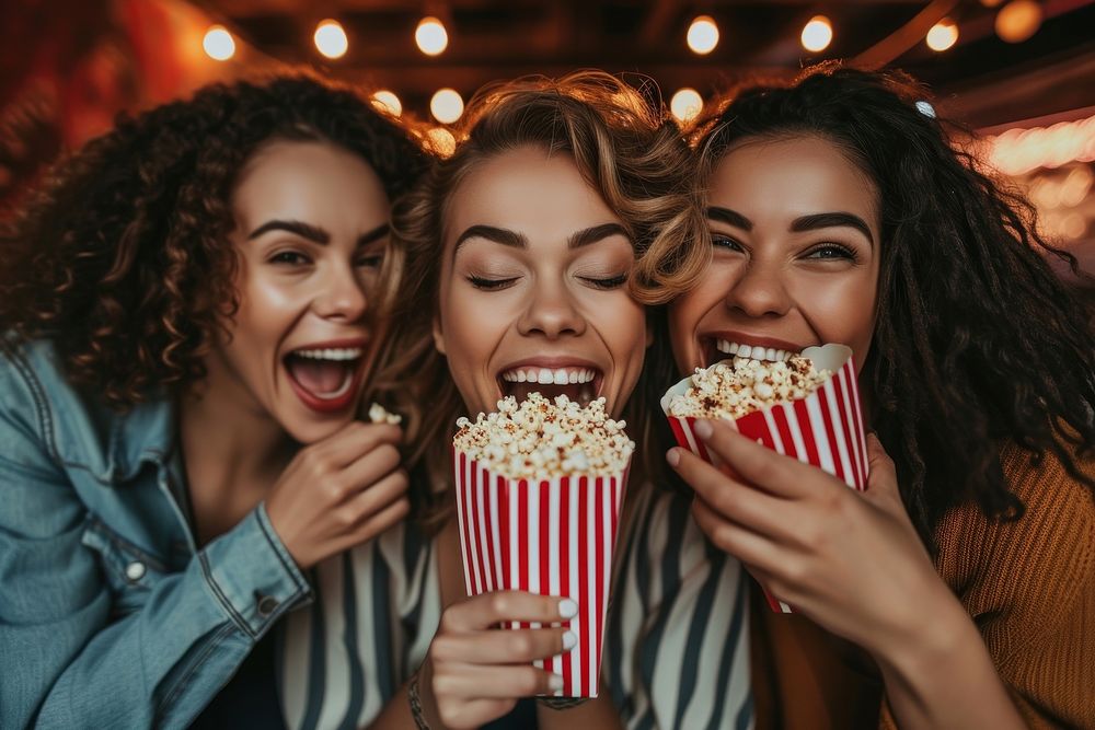 3 friends catching popcorn mouth | Free Photo - rawpixel