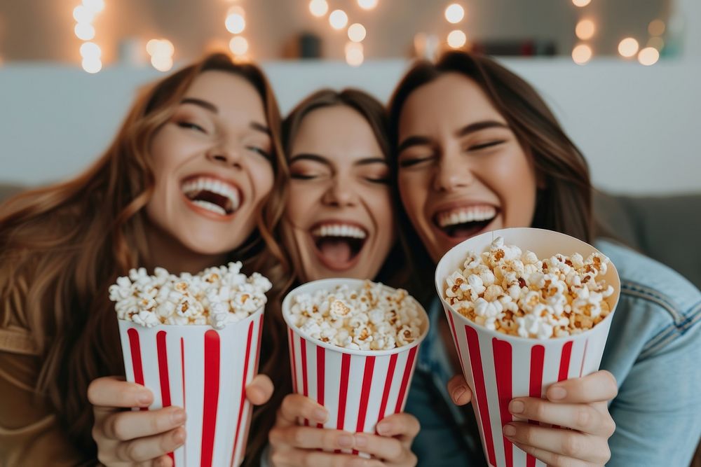 3 friends catching popcorn mouth | Premium Photo - rawpixel