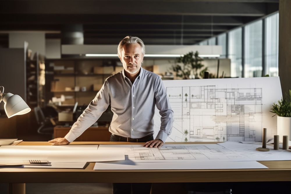 male architect standing desk blueprints | Free Photo - rawpixel