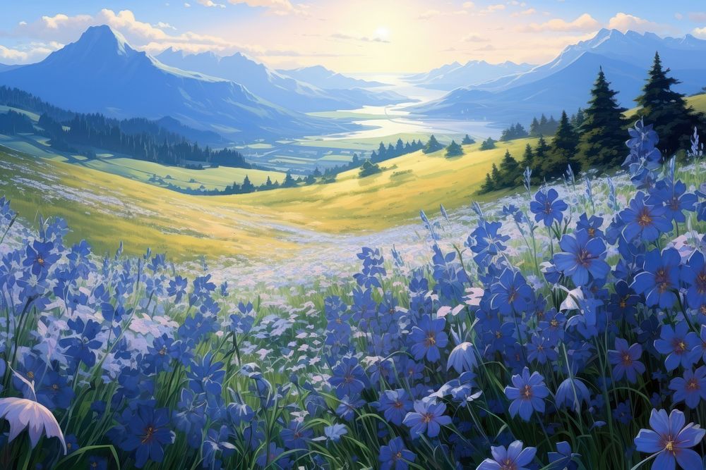 Blue flower fields wilderness landscape | Free Photo Illustration ...