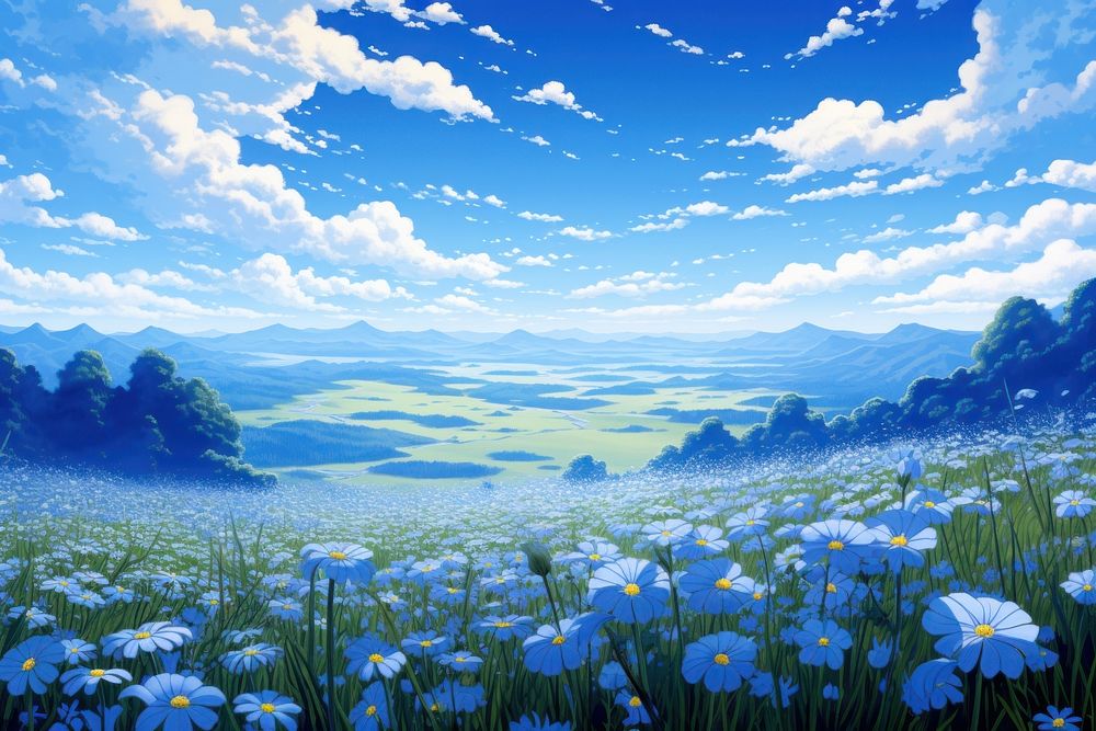 Blue flower fields landscape outdoors | Free Photo Illustration - rawpixel