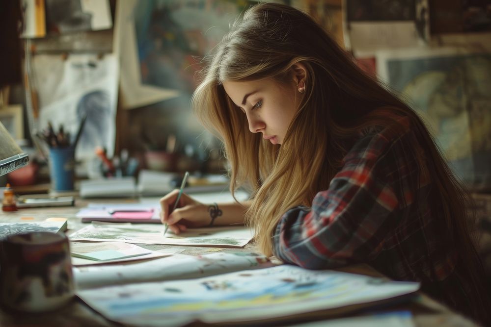 British girl using stationary writing | Free Photo - rawpixel