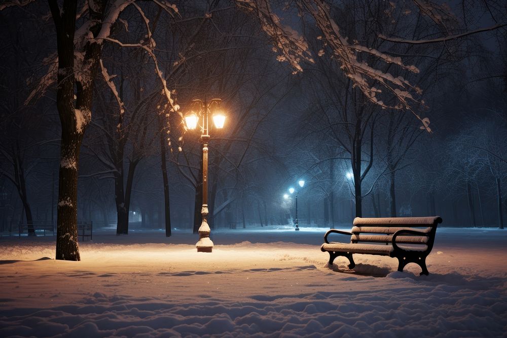 snowy night bench illuminated outdoors. | Free Photo - rawpixel