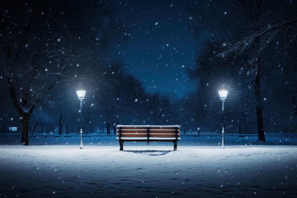 snowy night bench illuminated outdoors. | Free Photo - rawpixel