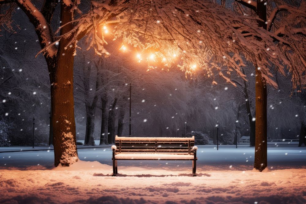 snowy night bench illuminated outdoors. | Free Photo - rawpixel