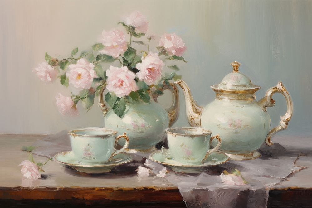 Close tea set painting porcelain | Free Photo Illustration - rawpixel