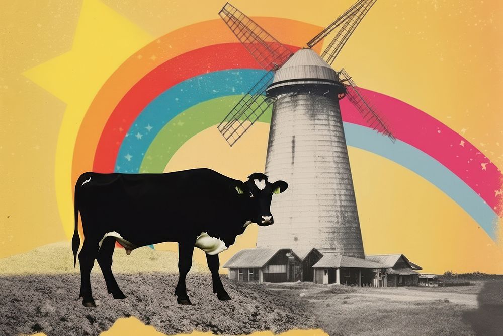 Collage Retro dreamy windmill cow | Free Photo Illustration - rawpixel
