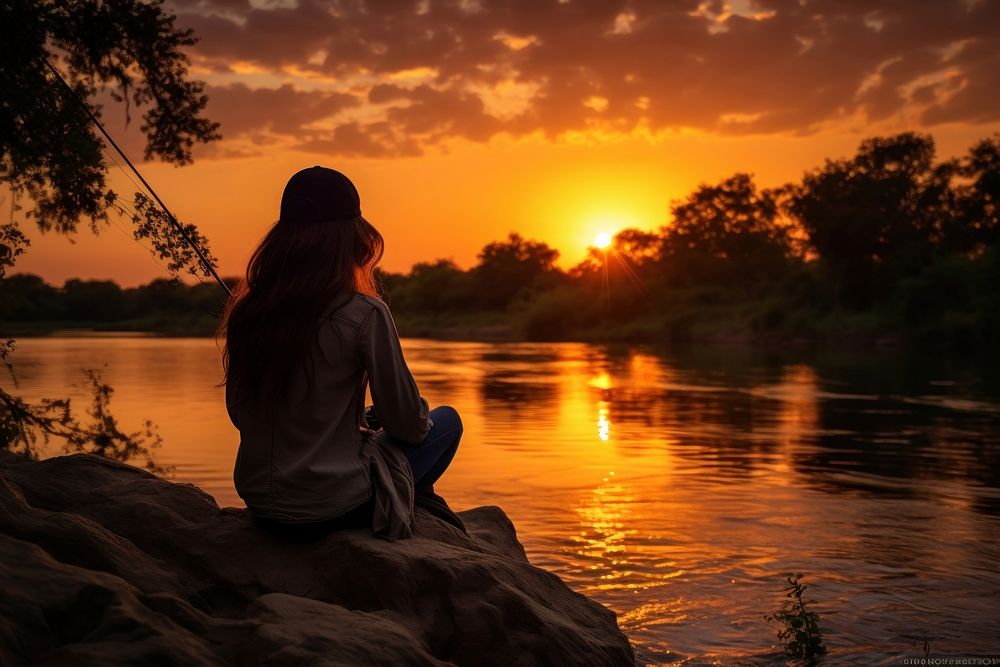 Young lady fishing river backlighting | Free Photo - rawpixel