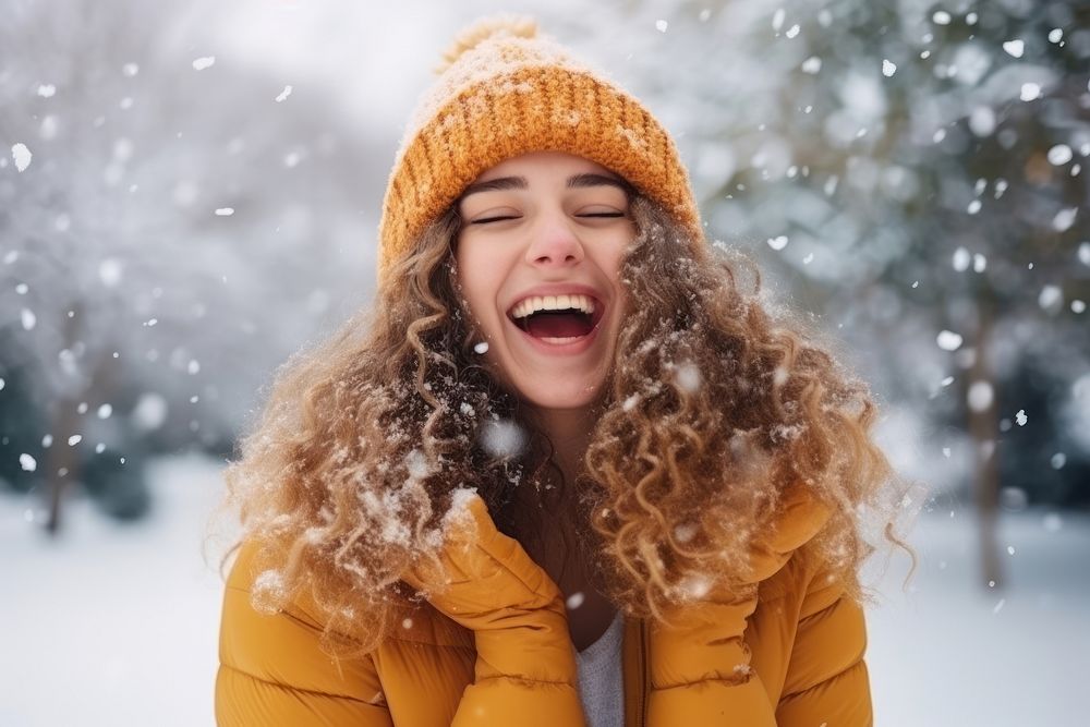 Woman snow laughing outdoors. | Premium Photo - rawpixel