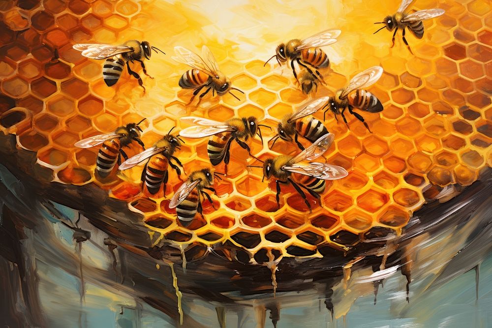 Honeybees honeycomb painting animal. | Free Photo Illustration - rawpixel