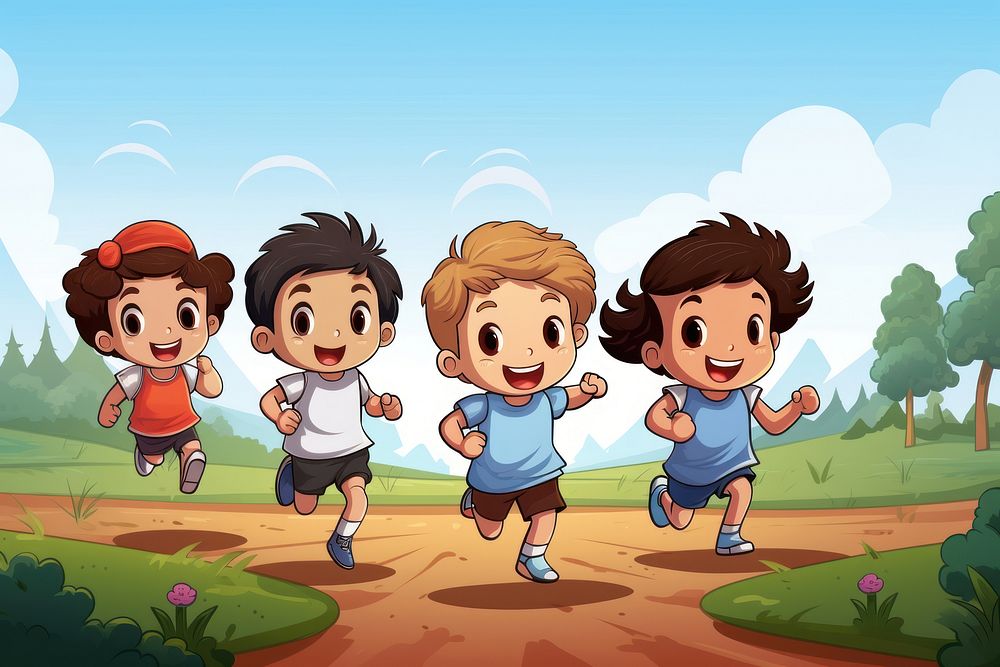 Children running cartoon togetherness exercising. | Premium Photo ...