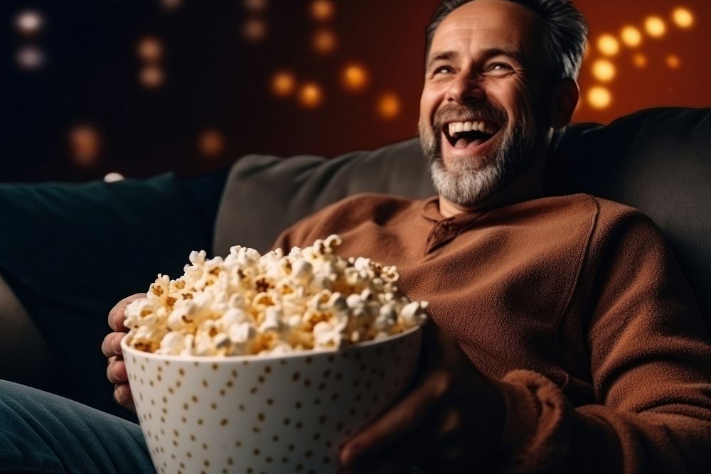 Man holding popcorn sitting smiling | Free Photo - rawpixel