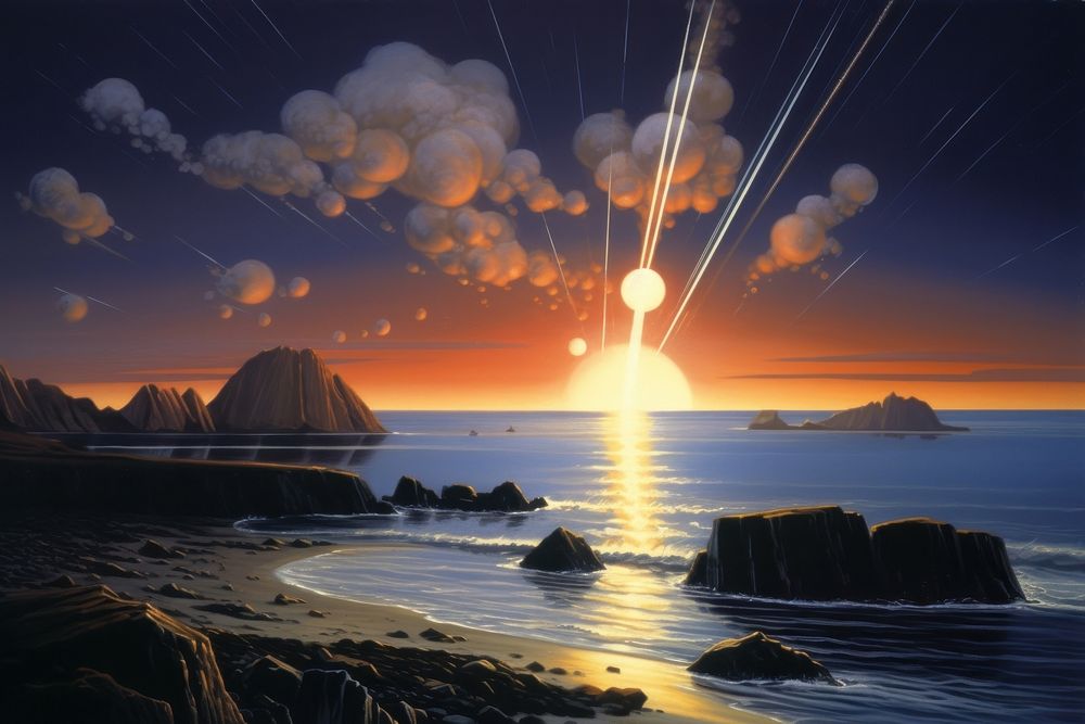 meteorites explodes beach sky landscape. | Free Photo Illustration ...