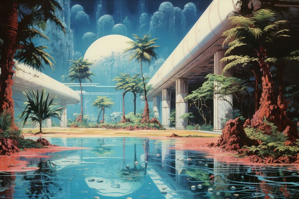 large swimming pool architecture painting | Free Photo Illustration ...